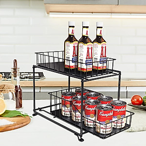 Pull Out Cabinet Organizer, 2 Tier Under Sink Organizers and Storage With Sliding Baskets, Stackable Iron Under Sink Storage for Kitchen, Bathroom, Cabinet, Countertop, Office and More, 1 Pack, Black