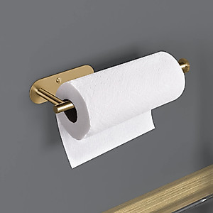 VAEHOLD Self Adhesive Paper Towel Holder Under Cabinet Mount, Wall Mounted Paper Towel Roll Holder for Kitchen, Bathroom, Wall - SUS304 Stainless Steel (Gold)