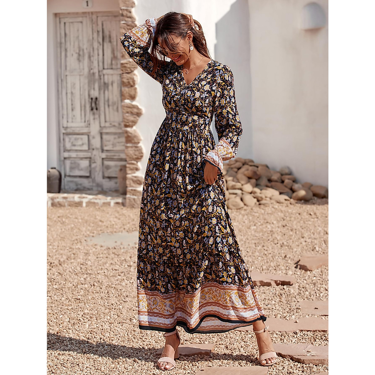 PRETTYGARDEN Maxi Long Sleeve Dress - V Neck Floral Casual Chiffon Spring Fall Long Dresses for Women (Black Yellow,Large)