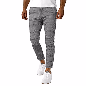 Woenzaia Men's Fashion Slim Fit Plaid Dress Pants Casual Skinny Chinos Pants Stretch Expandable Waist Golf Pants Checkered Travel Slacks(Dark Grey,32