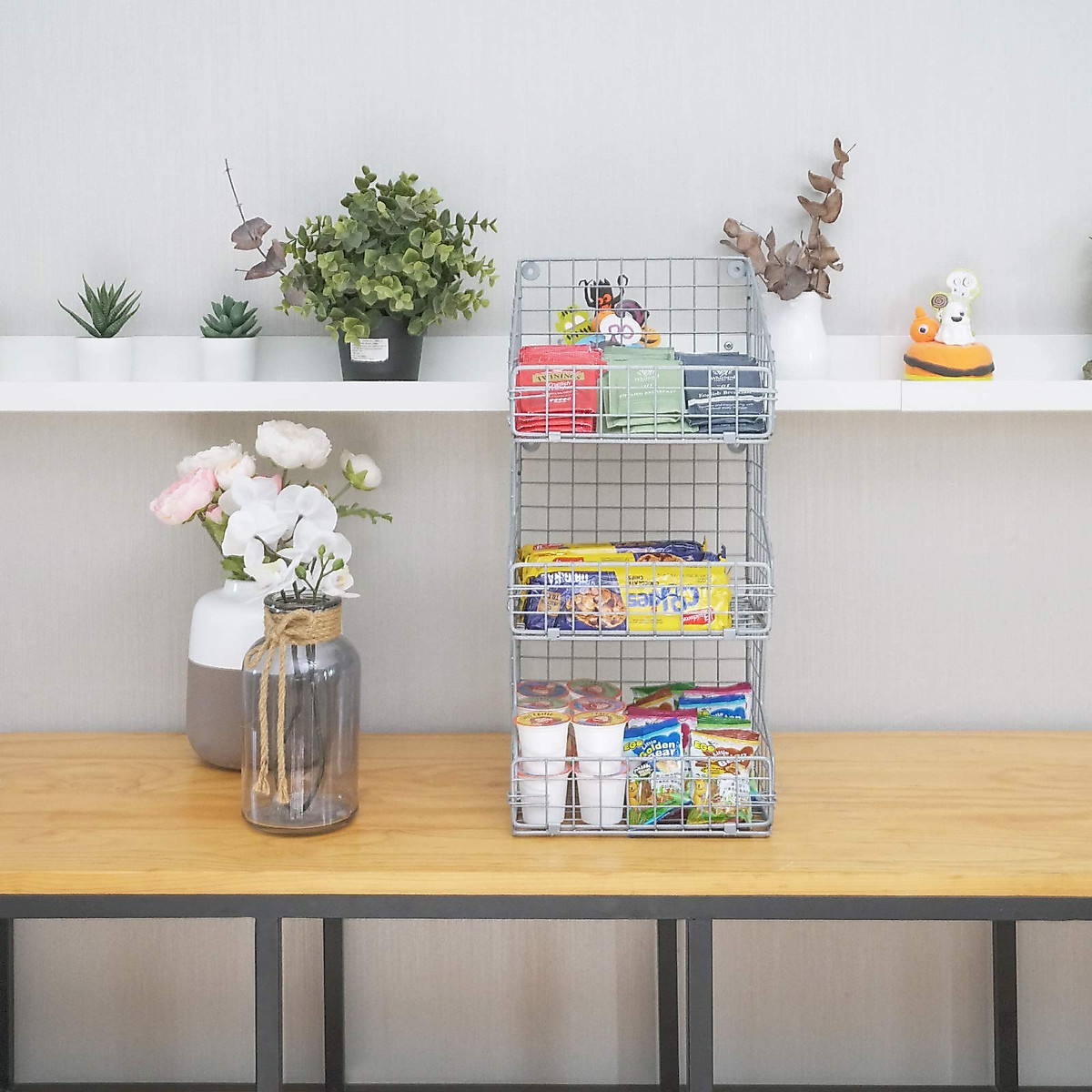 3 Tier Stackable Tea Bag Organizer with 5 Hooks Metal Wire Basket Coffee Condiment Snack Rack Holder Countertop Caddy Bin Wall Mount Shelf for Office Kitchen Cabinet Pantry-Silver Patent Desgin