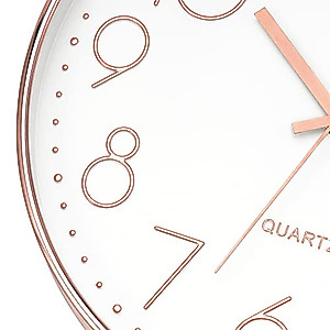 Foxtop Modern Wall Clock 12 Inch Non-Ticking Silent Battery Operated Round Quartz Rose Gold Wall Clock for Office Bedroom Living Room Kitchen Home School Decor