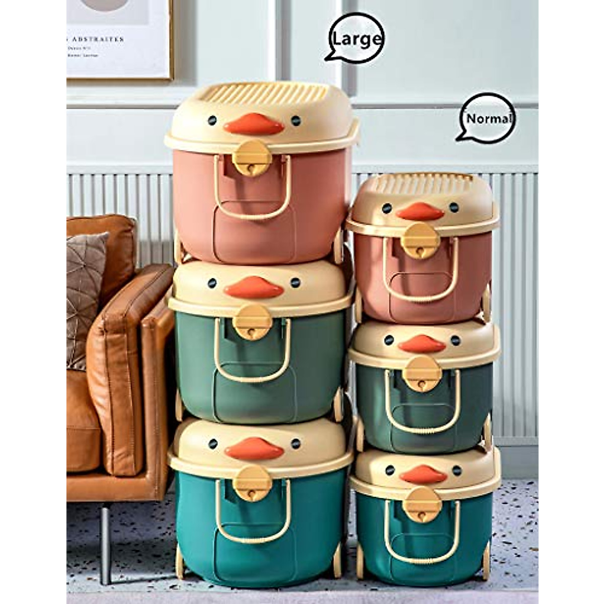 Shozafia Stackable Toy Storage Box with Wheels, Duck Rolling Storage Box with Snap Lid, Handle & Latches (Blue,Large)