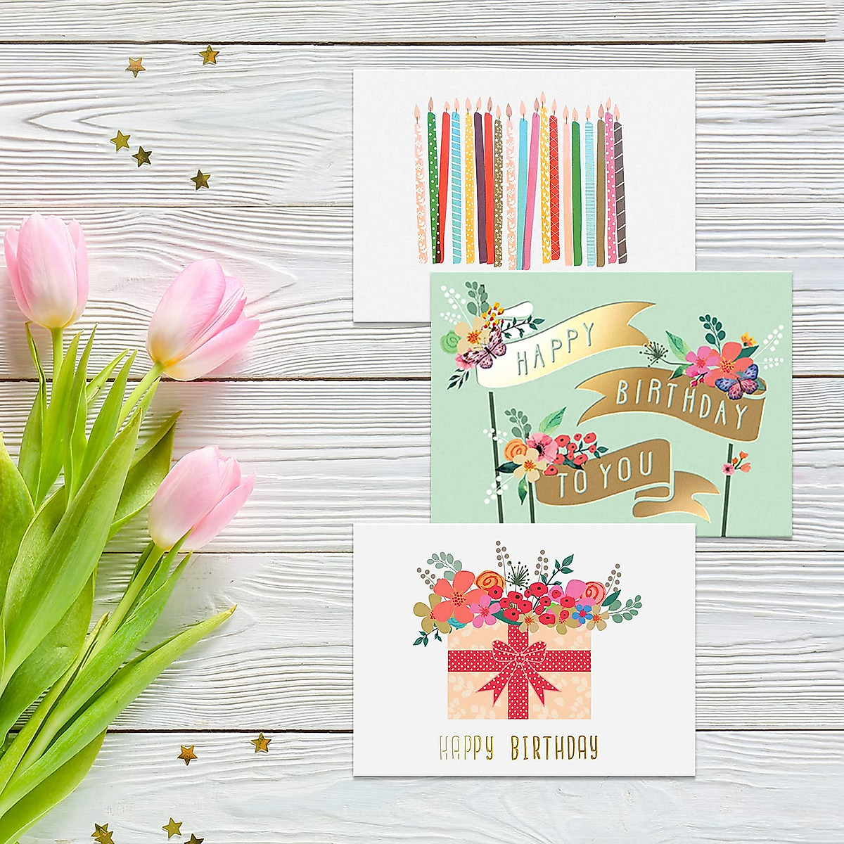 Sweetzer & Orange Gold Foil Bulk Birthday Cards Assortment – 24pc Bulk Happy Day flyers with Envelopes Box Set – Assorted Blank Birthday Cards for Women, Men, and Kids in a Boxed pack