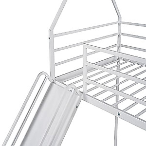 Harper & Bright Designs Twin-Over-Twin Metal House Bunk Bed with Convertible Slide, Ladder and Safety Guardrail Heavy Duty Metal Low Bunk Bed with House Shape and Roof, White