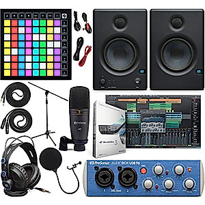 PreSonus AudioBox 96 Audio Interface Full Studio Kit w/Studio One Artist Software Pack w/Novation Launchpad X Grid Controller for Ableton Live, Eris 3.5 Pair Studio Monitors & 1/4” Instrument Cable