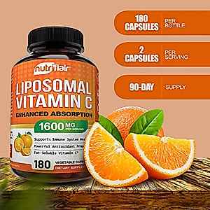 NutriFlair Liposomal Vitamin C 1600mg, 180 Capsules - High Absorption, Fat Soluble VIT C, Antioxidant Supplement, Higher Bioavailability Immune System Support & Collagen Booster, Non-GMO, Vegan Pills
