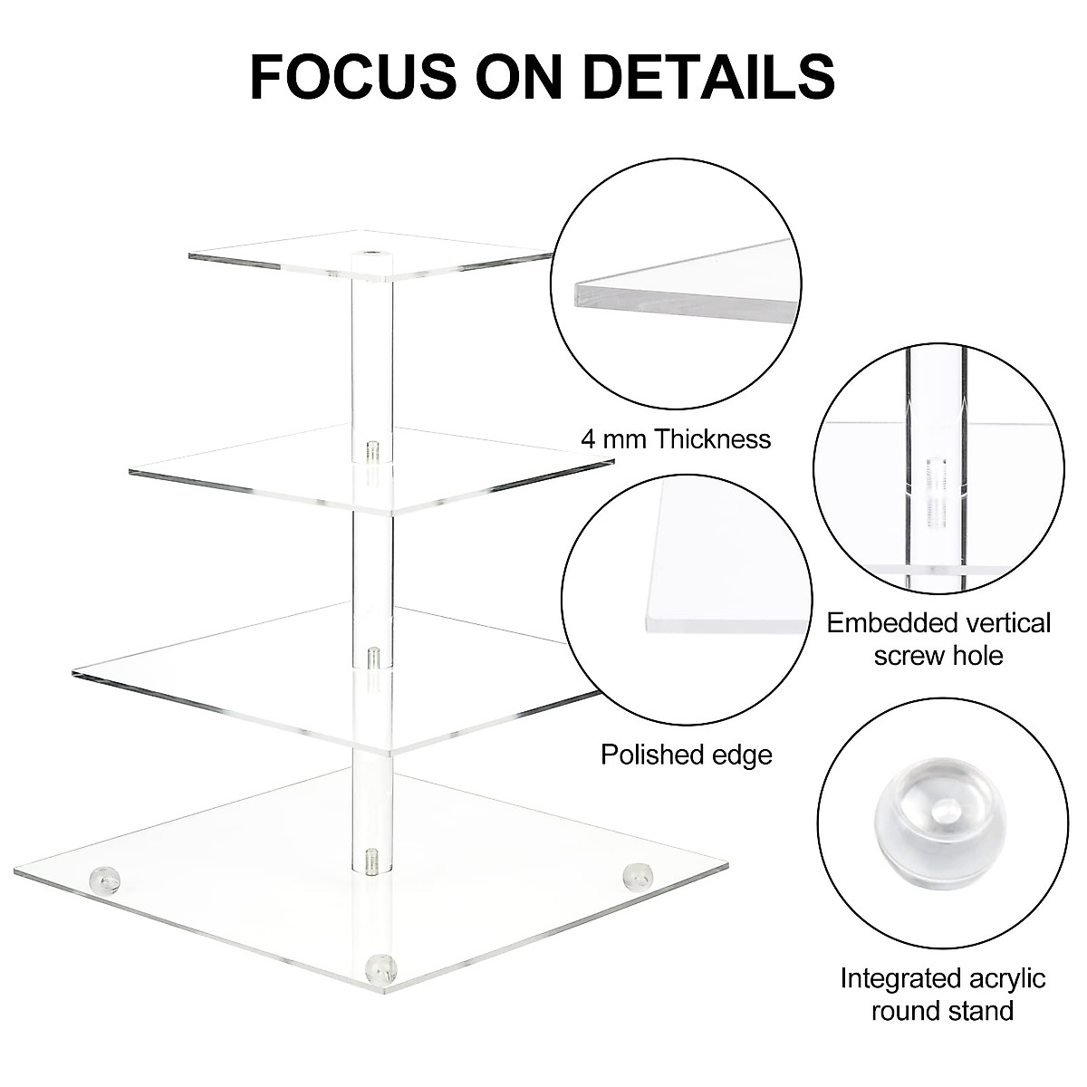 Cupcake Stand with Base, 4-Tier Square Acrylic Cupcake Display Stand Dessert Tower Pastry Stand Premium Cupcake Holder for Wedding Birthday Theme Party - Transparent