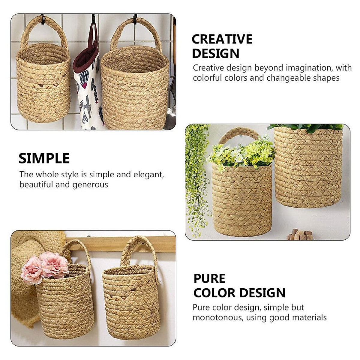 Cabilock Woven Flower Basket Hanging Rattan Plant Pot Wall Storage Weaving Basket Organizer Rustic Sundries Basket Home Decor