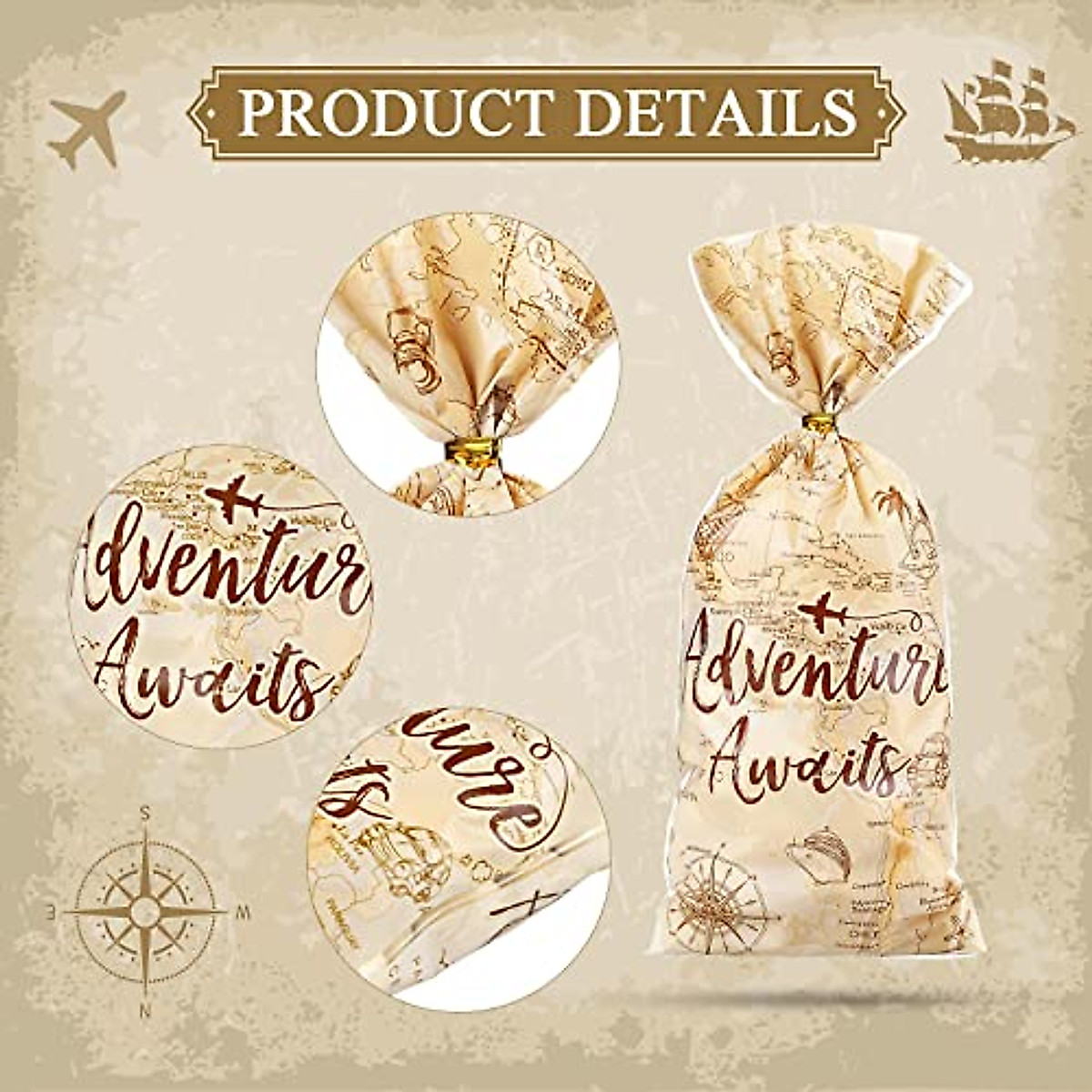 100 Pcs Adventure Awaits Cellophane Treat Bags Adventure Party Decoration Travel Themed Candy Goodie Favor Bags World Map Birthday Party Plastic Bag for Travel Retirement Wedding Party