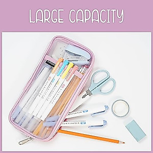 ECHSRT Mesh Pencil Case for Girls With Zipper, Grid Clear Pencil Pouch for Kids Students Teens Boys Adults, Small Transparent Pen Bag for School Office Travel, Pink