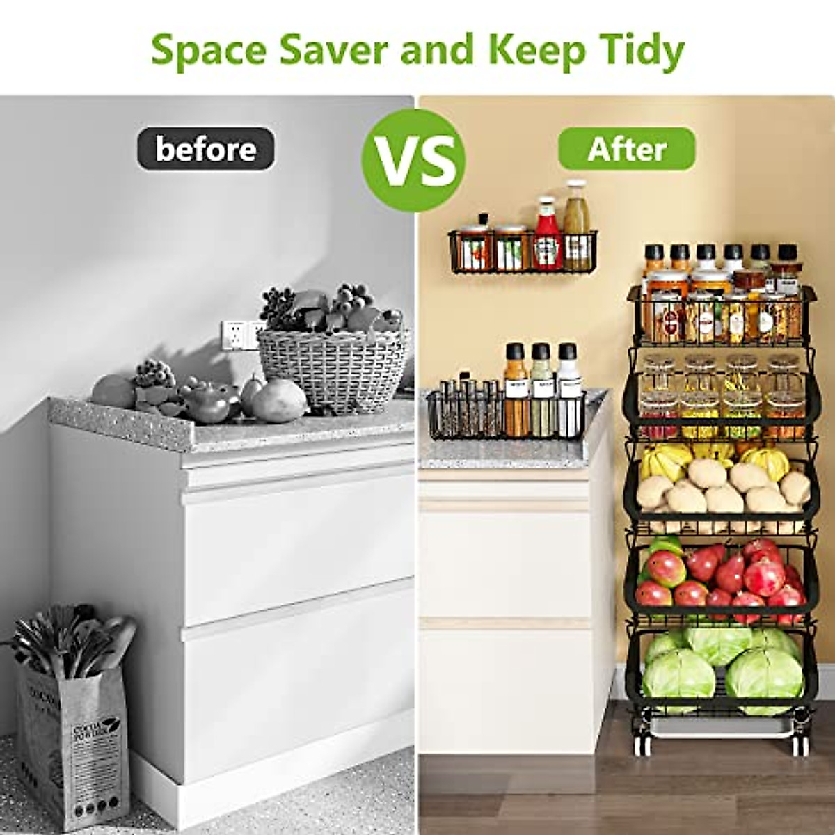 Fruit Vegetable Basket, 1Easylife 5 Tier Stackable Metal Wire Basket Cart with Rolling Wheels, Utility Rack for Kitchen, Pantry, Garage With 2 Free Baskets (Black)