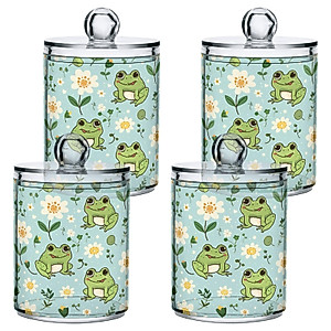 GOODOLD Cute Kawaii Frogs Qtip Holder 2 Pack - 10 Oz Clear Plastic Apothecary Jar Set for Bathroom Organization - Versatile Canister Storage for Cotton Balls, Swabs, Rounds