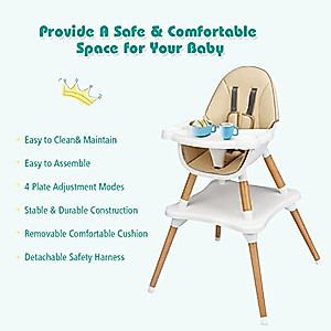 INFANS 5 in 1 Baby High Chair with 5 Point Harness, Detachable Tray, Wipeable Cushion, Converts to Table and Seat Set, Toddler Chair, Booster Seat, Wooden Dining Chair for Infant Kid (Khaki)