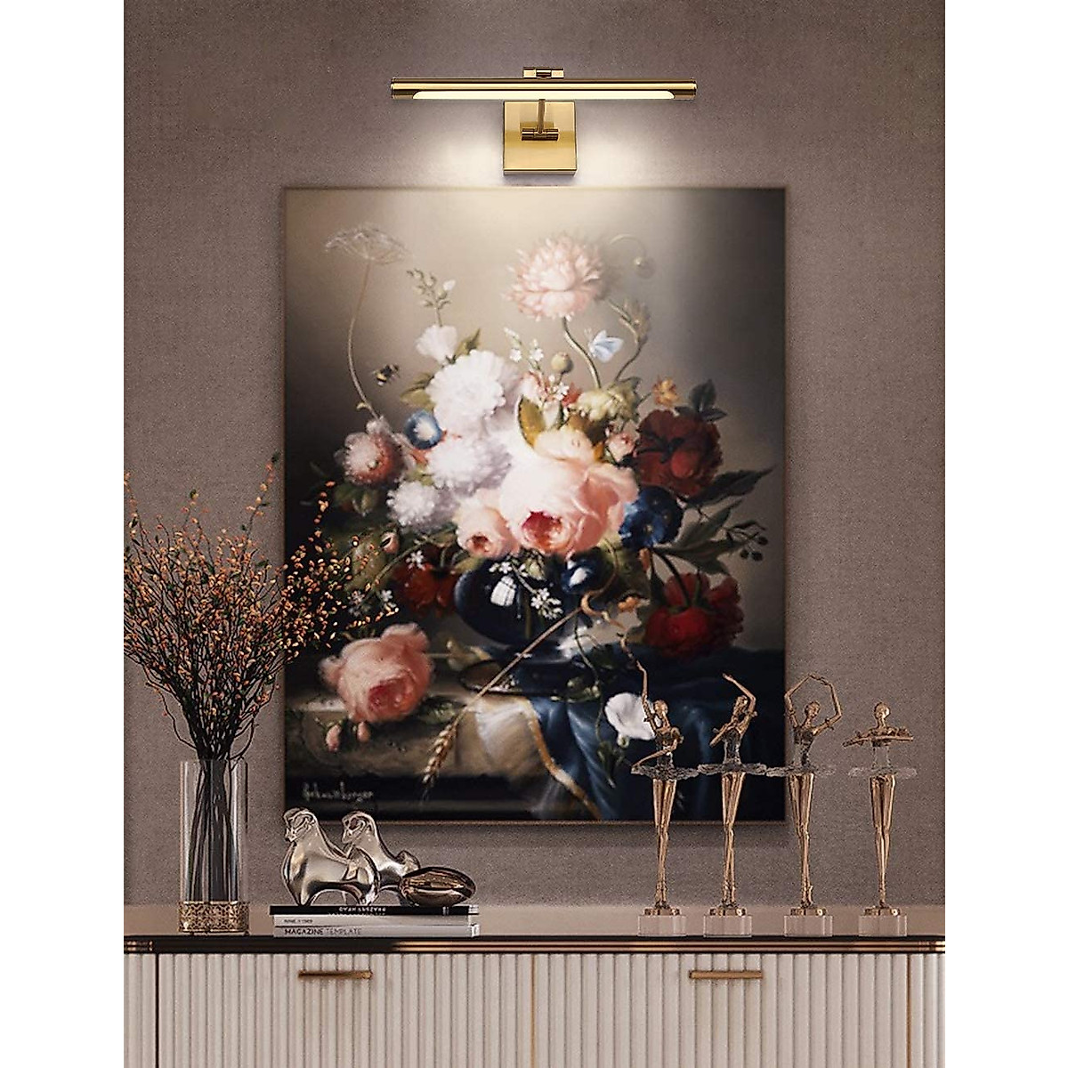 Joosenhouse LED Picture Light Fixtures Dimmable 16.53" Inch Modern Metal Artwork Hallway Lamps with Single Swing Arm, 7W (50W Eqv.), Hardwired Connection, Warm White, CRI80+, Golden-Like Brass Finish