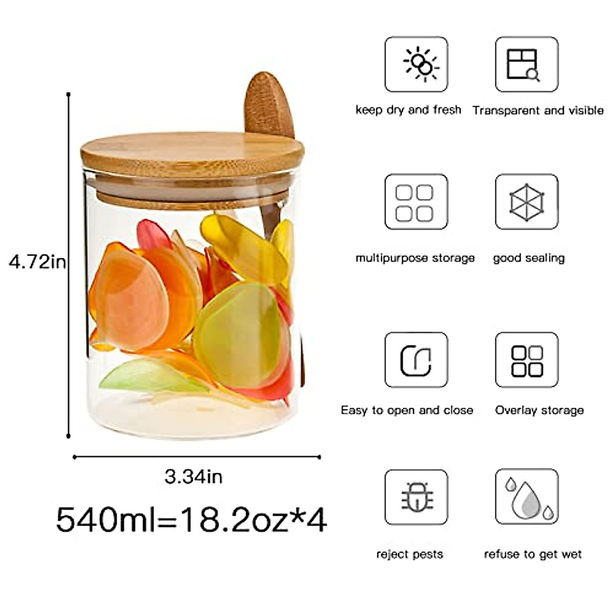 JOUALY 4-Pack Glass Food Storage Jar 18.2 oz,100% Sealed Borosilicate Glass Bamboo Glass Jars with Bamboo Lid and Bamboo Spoon for Candy, Spices, Coffee Beans, Nuts, Condiments, Cookies, Flour,Tea