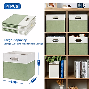 Temary Fabric Storage Cubes 11x11 Cube Storage Bins with Handles, 4 Pack Canvas Cube Storage Boxes Green Baskets for Organizing Closet, Foldable Cloth Baskets for Shelves (White&Green)