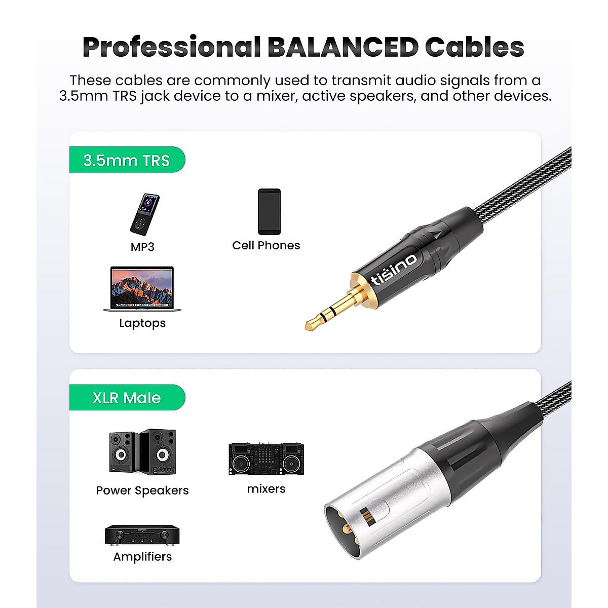 tisino 3.5mm to XLR Balanced Cable Adapter, Gold-Plated 1/8 inch Mini Jack Aux to XLR Male Mono Audio Cord for Cell Phone, Laptop, Speaker, Mixer - 1ft