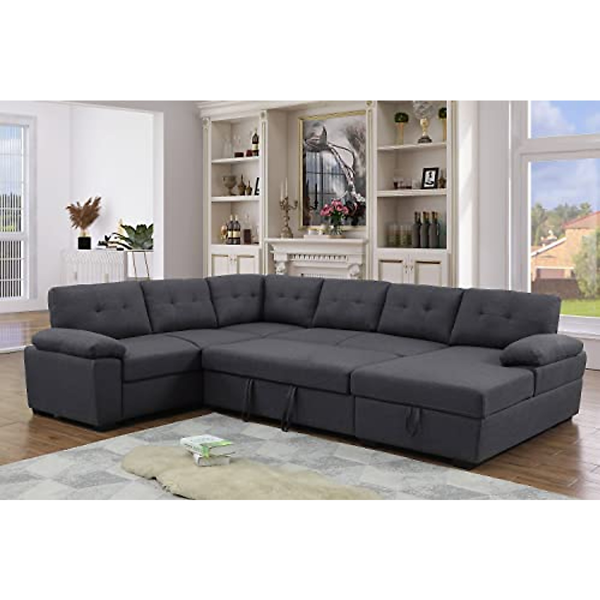 Alexent 5-Seat Modern Fabric Sleeper Sectional Sofa Bed with Pull-Out Bed with Storage Chaise Lounge in Dark Gray Color for Space Saving on Apartment, Living Room, Home Office, Guest Room