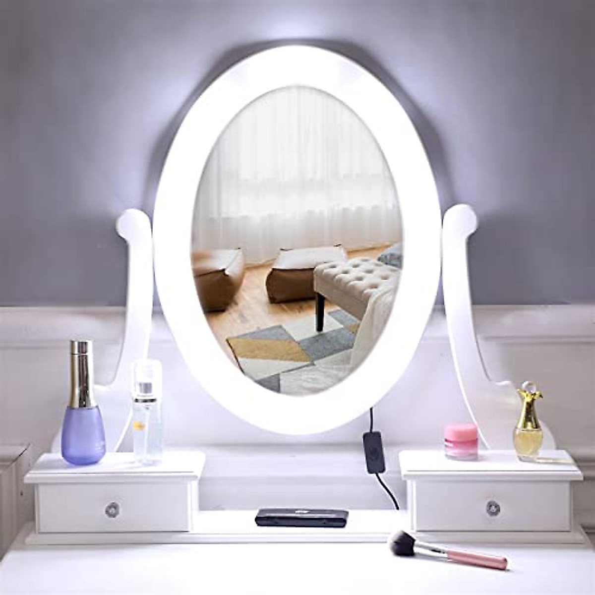White Lighted Makeup Vanity Set - Makeup Desk with 360° Rotating Oval Mirror and Cushioned Stool - Make-up Vanity Station with Removable Top - Dressing Table with 10 Light Bulbs and 5 Sliding Drawers