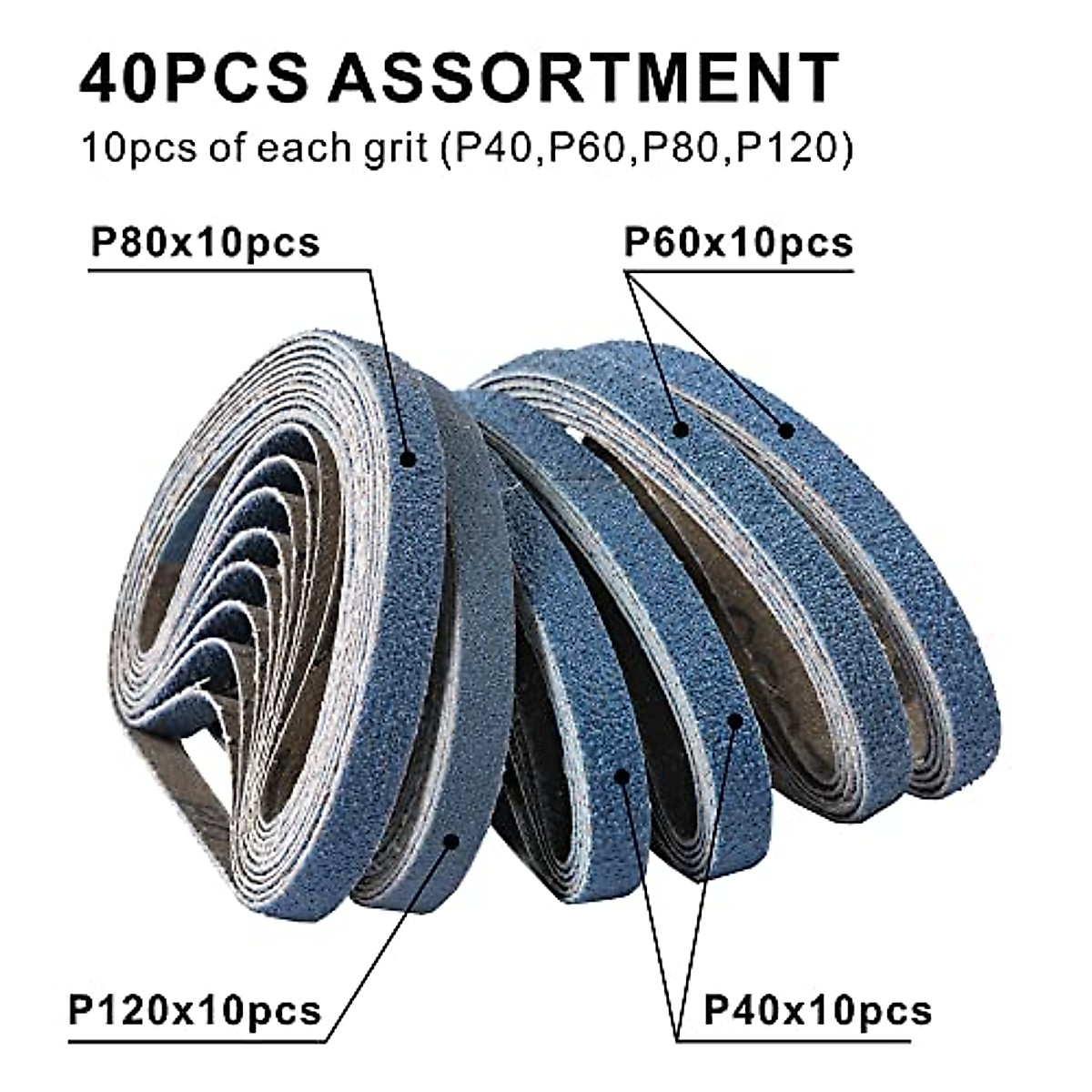 40 Pack Sanding Belts Replacement 3/8 x 13" Size - 10 Each of 40/60/80/120 Grits Zr-Corundum Sanding Belt (3/8" x 13" Belts)