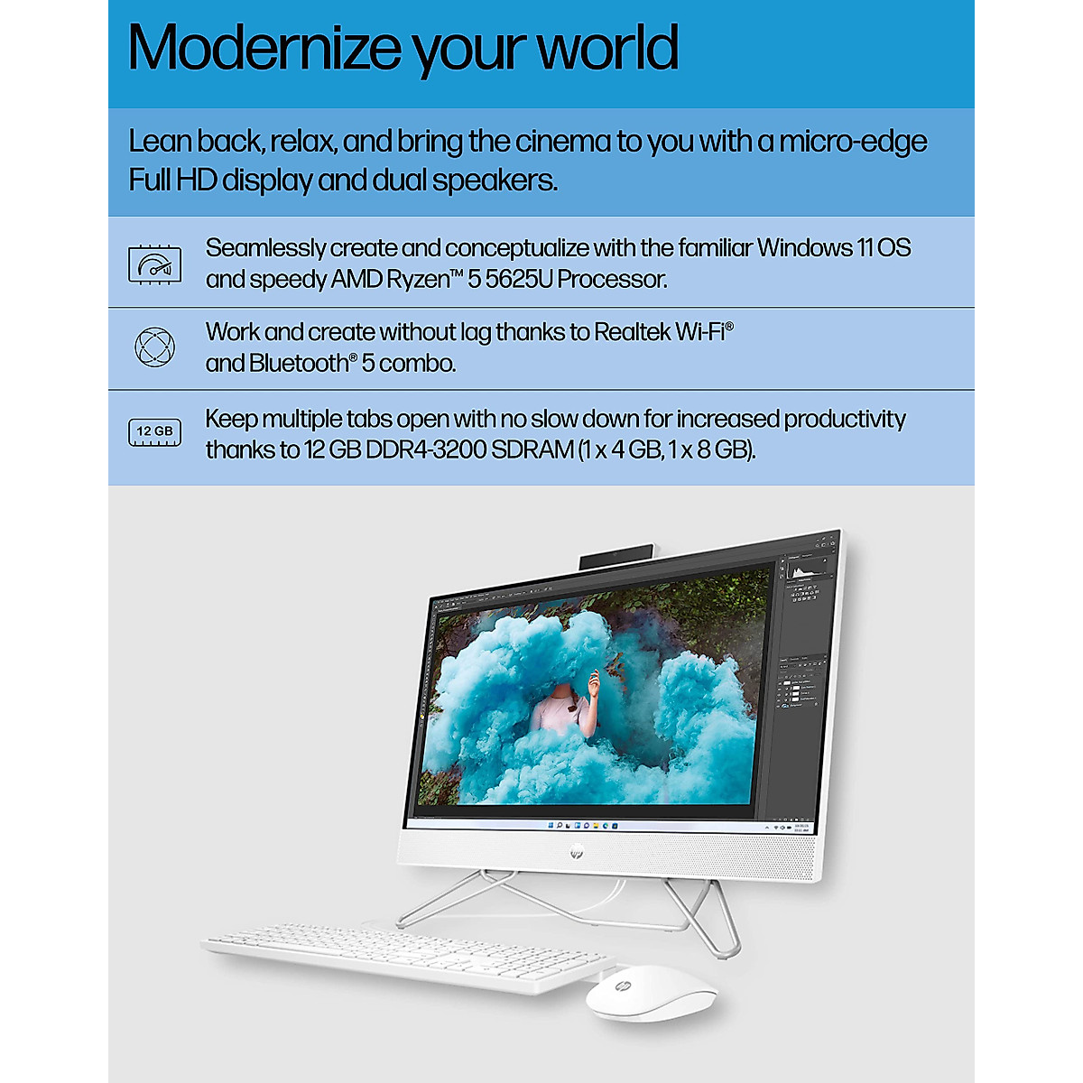 HP All-in-One PC, 23.8" FHD Micro-Edge Touchscreen Display, AMD Ryzen 5 Processor, AMD Radeon Graphics, 12 GB RAM, 512 GB SSD, Windows 11 Home OS, Wi-Fi (24-cb1142, 2022) (Renewed)