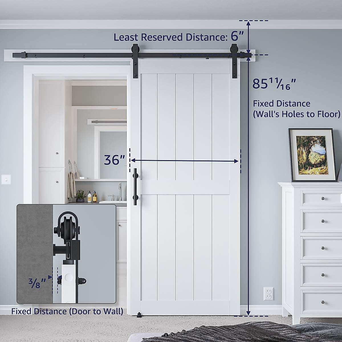 COSHOMER 36in x 84in MDF Sliding Barn Door with 6.6ft Barn Door Hardware Kit & Handle, Pre-Drilled Holes Easy Assembly -Solid Barn Door Slab Covered with Water-Proof PVC Surface, White, H-Frame