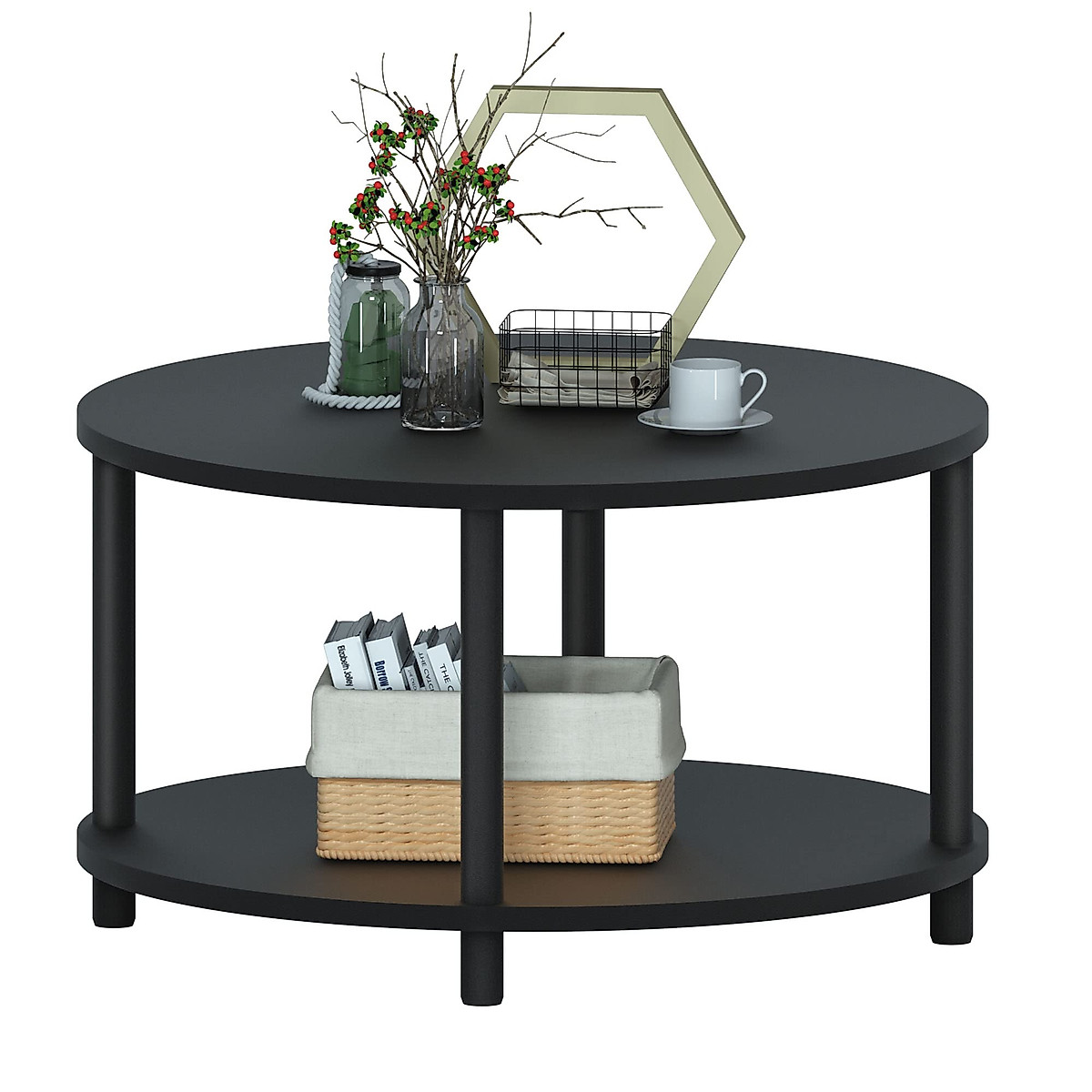 Unihouse Round Coffee Table for Living Room, 31.5’’ 2 Tier Black Wooden Coffee Table with Open Storage Shelf for Office/Reception Room,Sturdy Metal Legs, Easy to Assemble