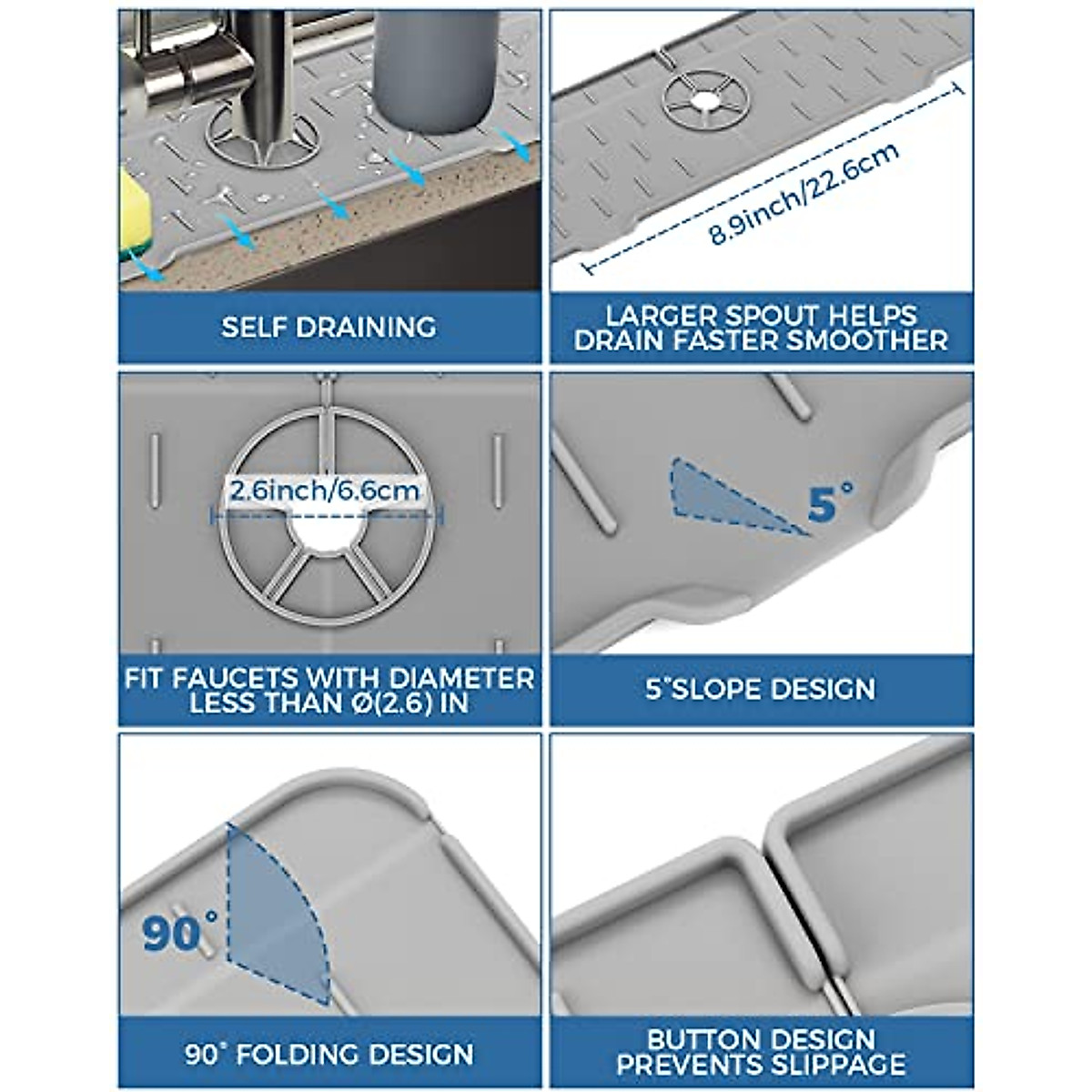 Kitchen Sink Splash Guard - 24 inch Silicone Faucet Handle Drip Catcher Tray, Dish Soap Sponge Holder Mat Behind Faucet, Kitchen Gadgets Sink Accessories Drying Mat Sink Caddy Organizer for Kitchen