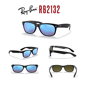 Ray-Ban RB2132 NEW WAYFARER Square Sunglasses For Men For Women + BUNDLE with Designer iWear Eyewear Kit (Rubber Black/Grey Mirror Blue)