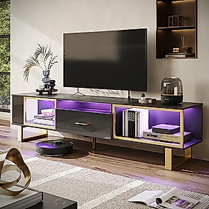 Bestier 70 Inch TV Stand for 75/77/80 Inch TV, LED Gaming Entertainment Center with Open Storage & Drawer, Modern High Gloss TV Console Table for Living Room Bedroom, Black and Gold