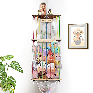 Stuffed Animal Storage Wood Soft Toy Shelf with Hooks and Mesh Organizer 3-in-1 Splice and Length Adjustable Hanging Stuffed Animal Zoo Toy Organizer Shelf for Nursery Play Room Bedroom Kid Room