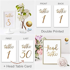 Merry Expressions Gold Wedding Table Numbers 1-30, Wedding Decorations for Reception - 4x6 inch Double Sided