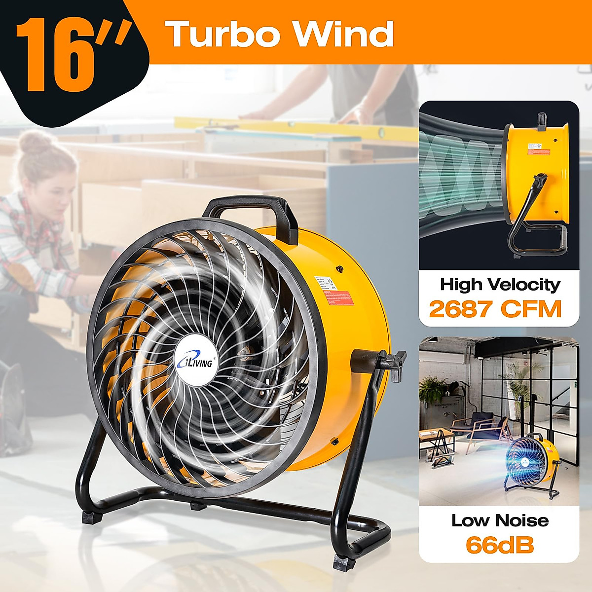 iLiving 16 in. Low Noise Turbo Fan 2687 CFM 3-Speed Portable Air Circulator for Shop, Office, Greenhouse, Home and Warehouse
