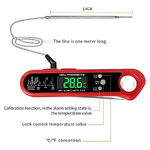 Meat Thermometers, Rayyan Digital Waterproof Food Thermometer with 2 Probes, Alarm Setting, Backlight Screen, Temp Chart and Magnet, Kitchen Cooking, Milk, BBQ, Water, Meat (Red)