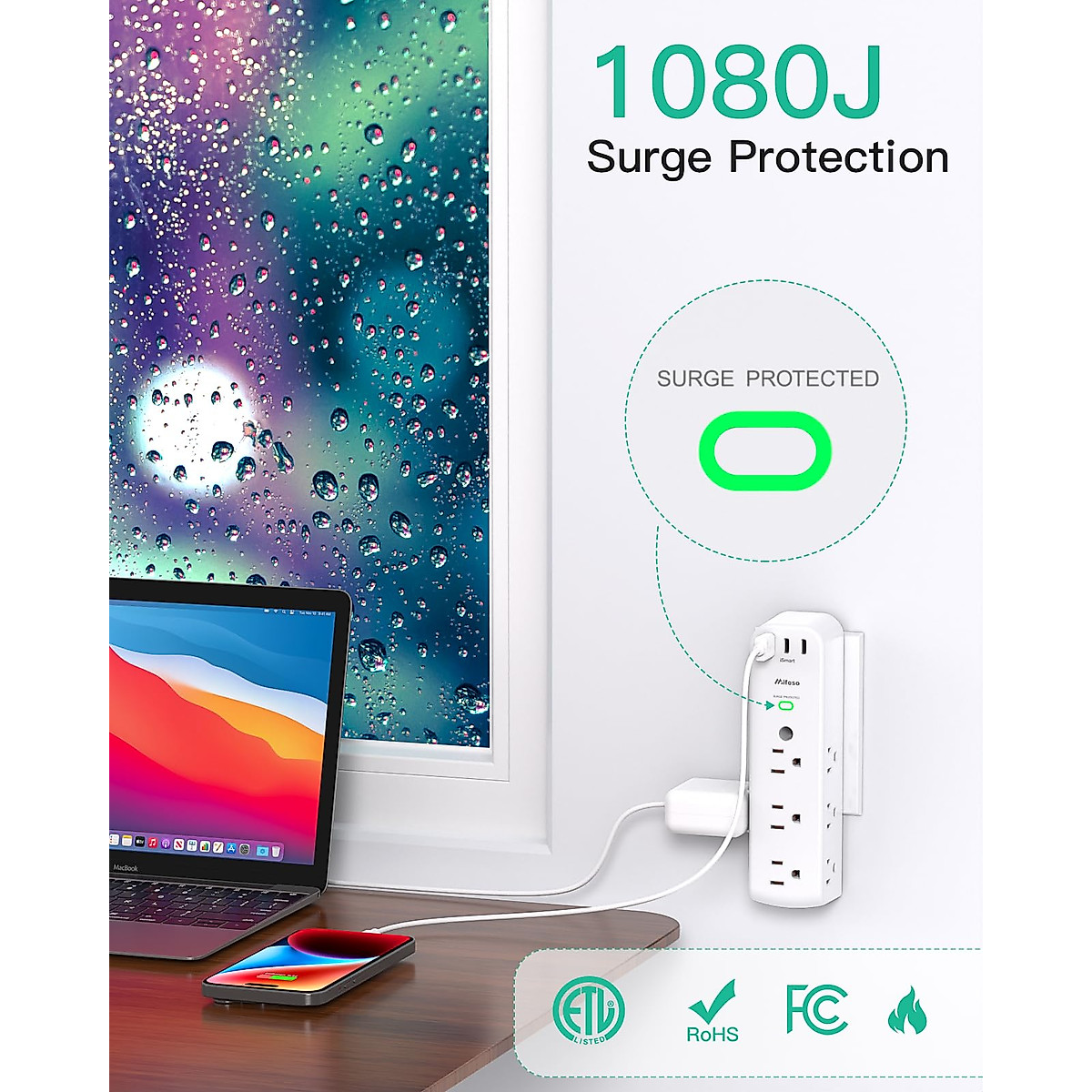 Surge Protector Outlet Extender, 9 AC Multi Plug Outlet with 3 USB Ports (2 USB C), 1080 Joules, 3-Sided Power Strip with Spaced Outlet Splitter for Home, Dorm Room Essentials