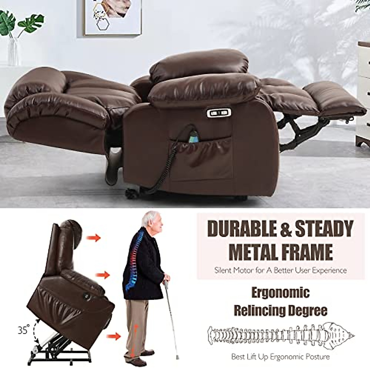 Harkawon Dual Motor Recliner Chair for Adults, Genuine Leather Lay Flat Sleeping Power Lift Chair for Elderly, Power Lift Chairs, with Massage and Heating (Brown)