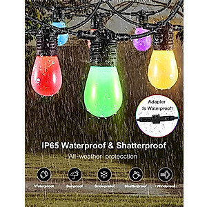 Jevindo Solar Outdoor String Lights, Portable 48ft IP65 Waterproof Patio RGB LED String Lights with 15 LED Bulbs Dimmable Multi-Color, Smart Bluetooth App Control, Balcony, Backyard, Camping, Travel