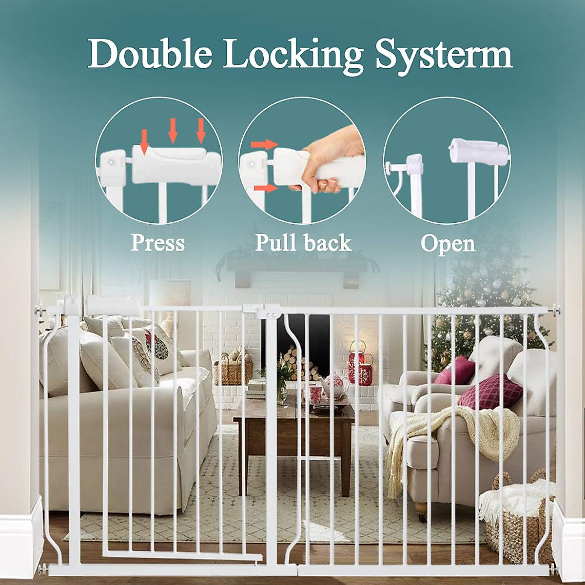 ALLAIBB Extra Wide Pressure Mounted Baby Gate Walk Through Child Kids Safety Toddler White Long Large Pet Dog Gates with Extension for doorways Kitchen and Living Room (57.48-62.20"/146-158cm)