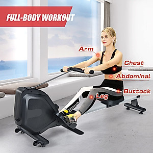 Goplus Foldable Magnetic Rowing Machine, Exercise Rower with LCD Monitor, 8 Level Adjustable Resistance, Device Holder, Transport Wheels, Full Body Exercise for Home Office Gym