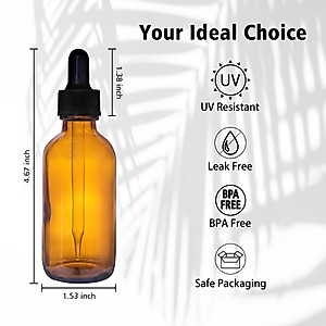 Comrzor 48 Pack 2oz Amber Glass Bottles with Glass Eye Droppers for Essential Oils, Perfumes & Lab Chemicals (Brush, Funnels, 2 Extra Droppers, 54 Pieces Labels & 30ml Measuring Cup Included)