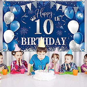 10th Birthday Banner Backdrop,BTZO Happy 10th Birthday Decorations,Blue Silver Fabric Photo Backdrop Background for Boys and Girls 10th Birthday Party,70.8 x 43.3Inch
