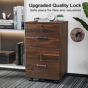 VINGLI 2 Drawer File Cabinet with Lock, Wood Dark Brown File Cabinet for Letter Size File Folders with Tabs, Under Desk Rolling File Cabinets for Home Office, Mobile Filing Cabinet Printer Stand