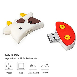 USB Flash Drive 32GB Cute Cow Pattern USB Drive Thumb Drives USB 2.0 Memory Stick for External Data Storage, White Red