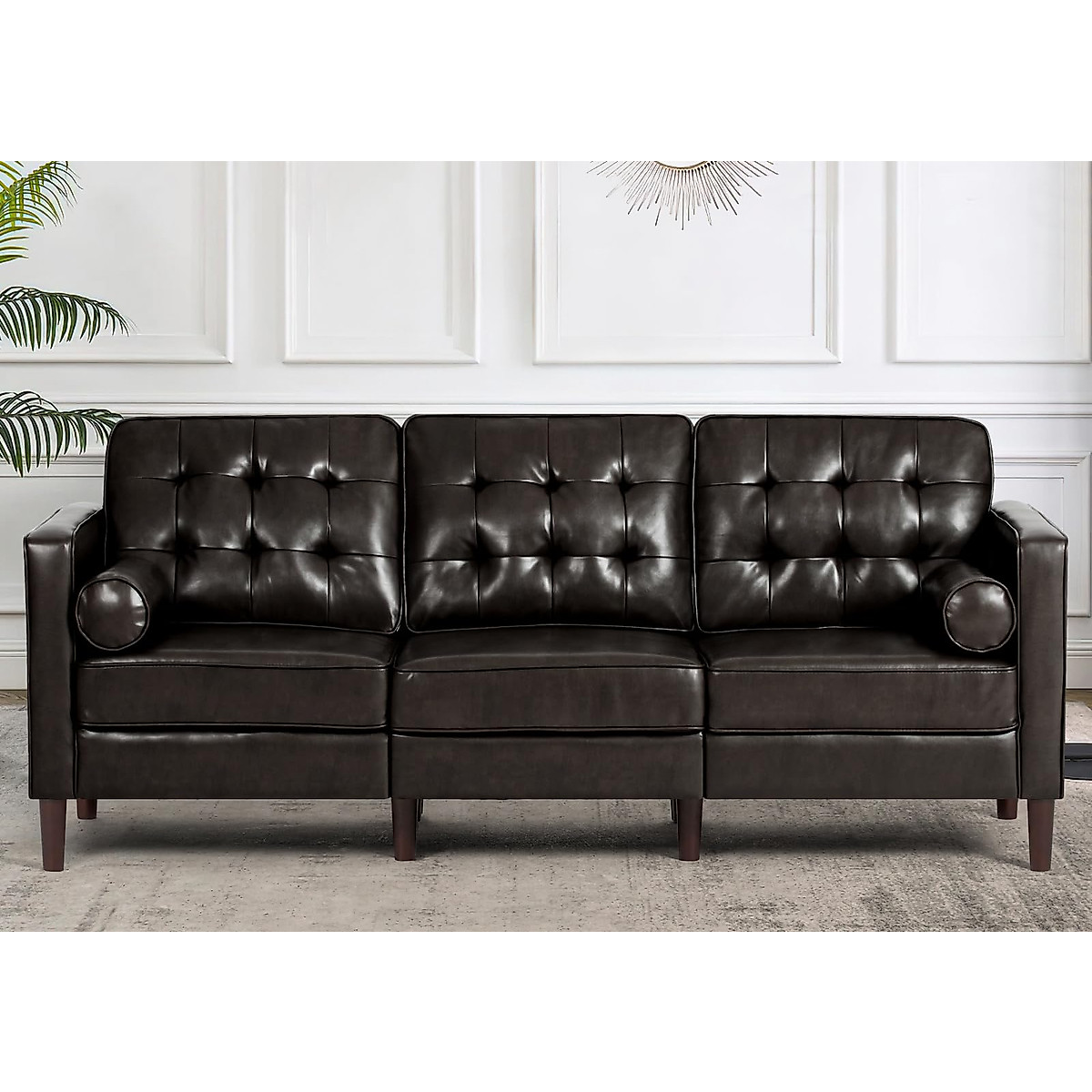 Nansiee 84” Faux Leather Sofa with Tufted Backrest, Upholstered 3-Seat Couch with 2 Bolster Pillows, Mid-Century Sofa with Wooden Legs for Living Room, Bedroom, Office, Dark Brown