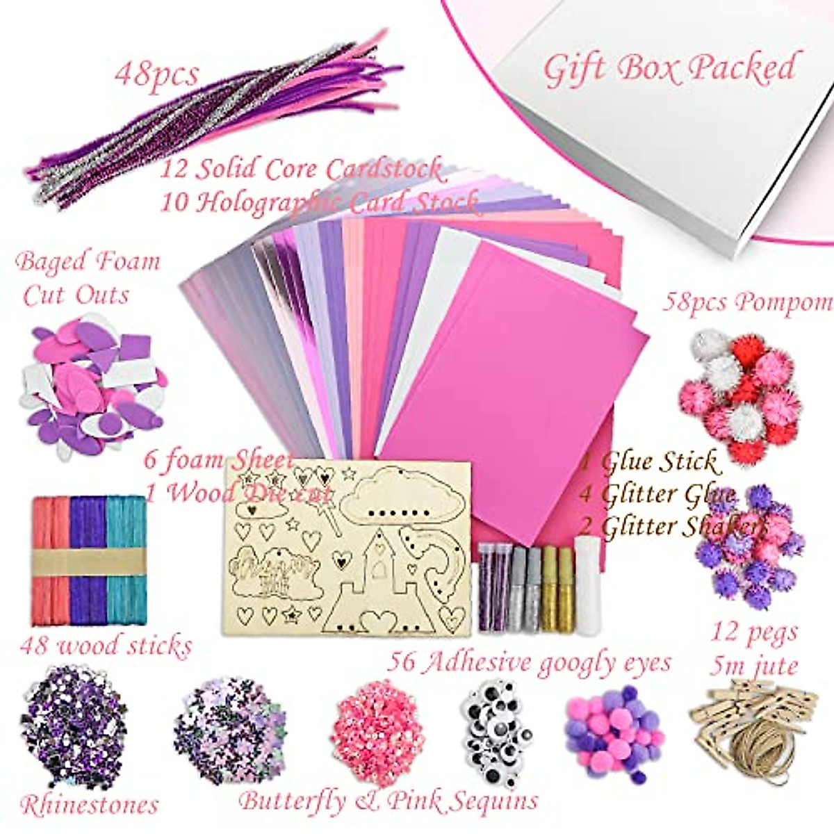 Livholic Card Making Kit for Girls with Purple & Pink Cardstock Paper Pipe Cleaners Googly Eye Foam Sheet Wood Die Cut Pom Poms Sequins All in One Craft Supplies & Materials Box for 8-12 Kids