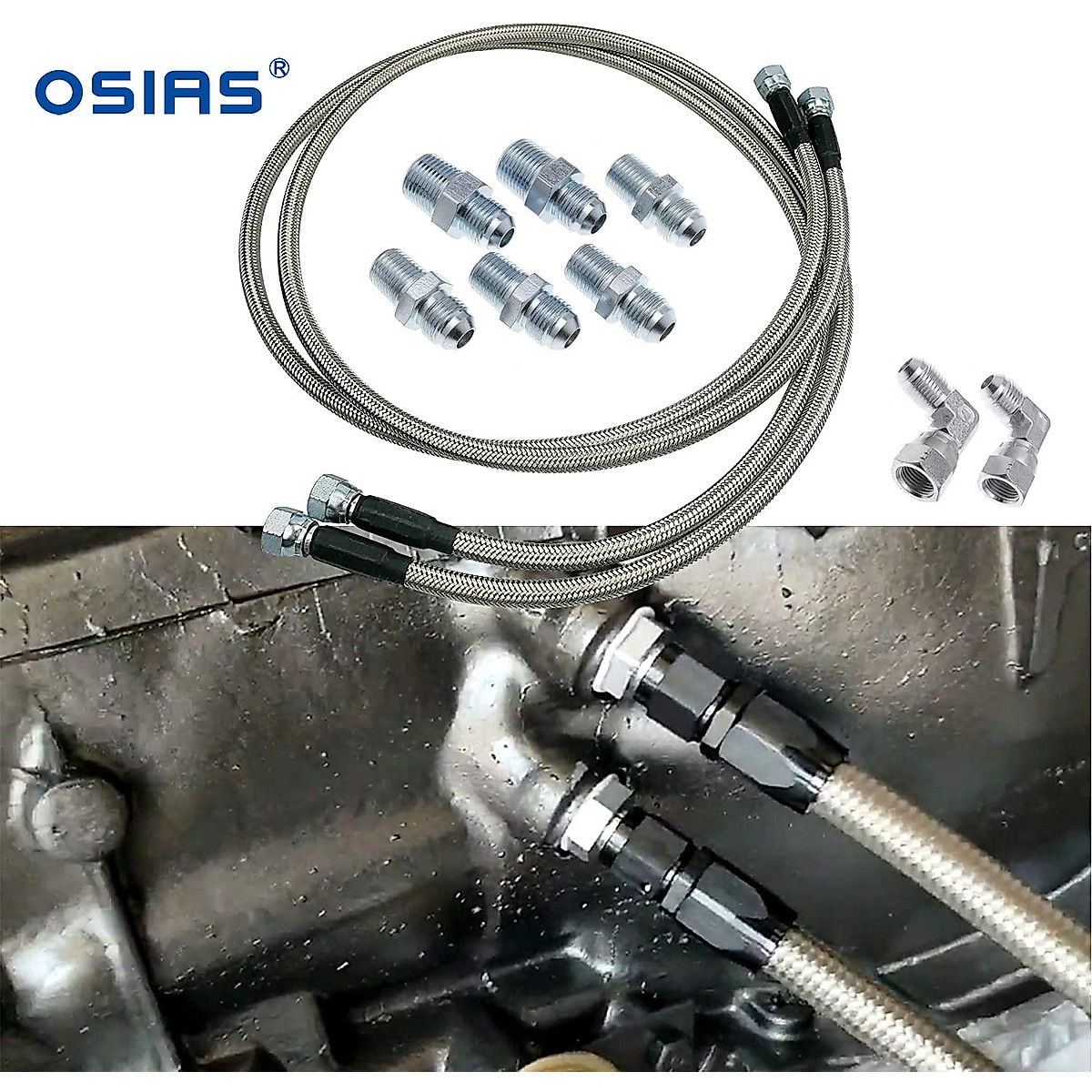 OSIAS Stainless Steel Braided Transmission Cooler Hoses Fittings， Fit for Chevy Mopar GM GMC Buick Cadillac Cars and Trucks, Replace TH350 700R4 TH4