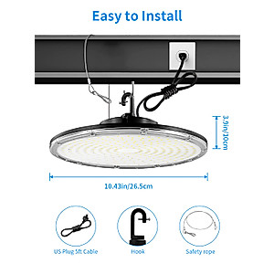 LED High Bay Light 150W, 22500LM LED Shop Light with US Plug 5' Cable, 5000K Daylight UFO LED High Bay Lights, IP65 Commercial Warehouse Light, Super Bright Area Bay Lighting for Garage Barn Workshop