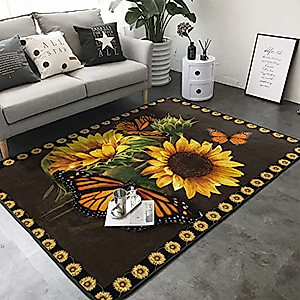 Beautiful Sunflower and Butterfly Area Rug for Living Dinning Room Bedroom Kitchen, Nursery Rug Floor Carpet Yoga Mat