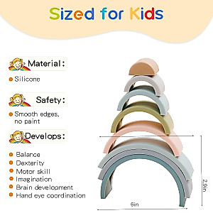 Macabaka Silicone Rainbow Stacker Nesting Puzzle Building Blocks Stacking Toys, Boho Baby Toys, 10 Pcs Educational Toys Learning Montessori Toys for Toddlers Kids, BPA-Free, Brown Series
